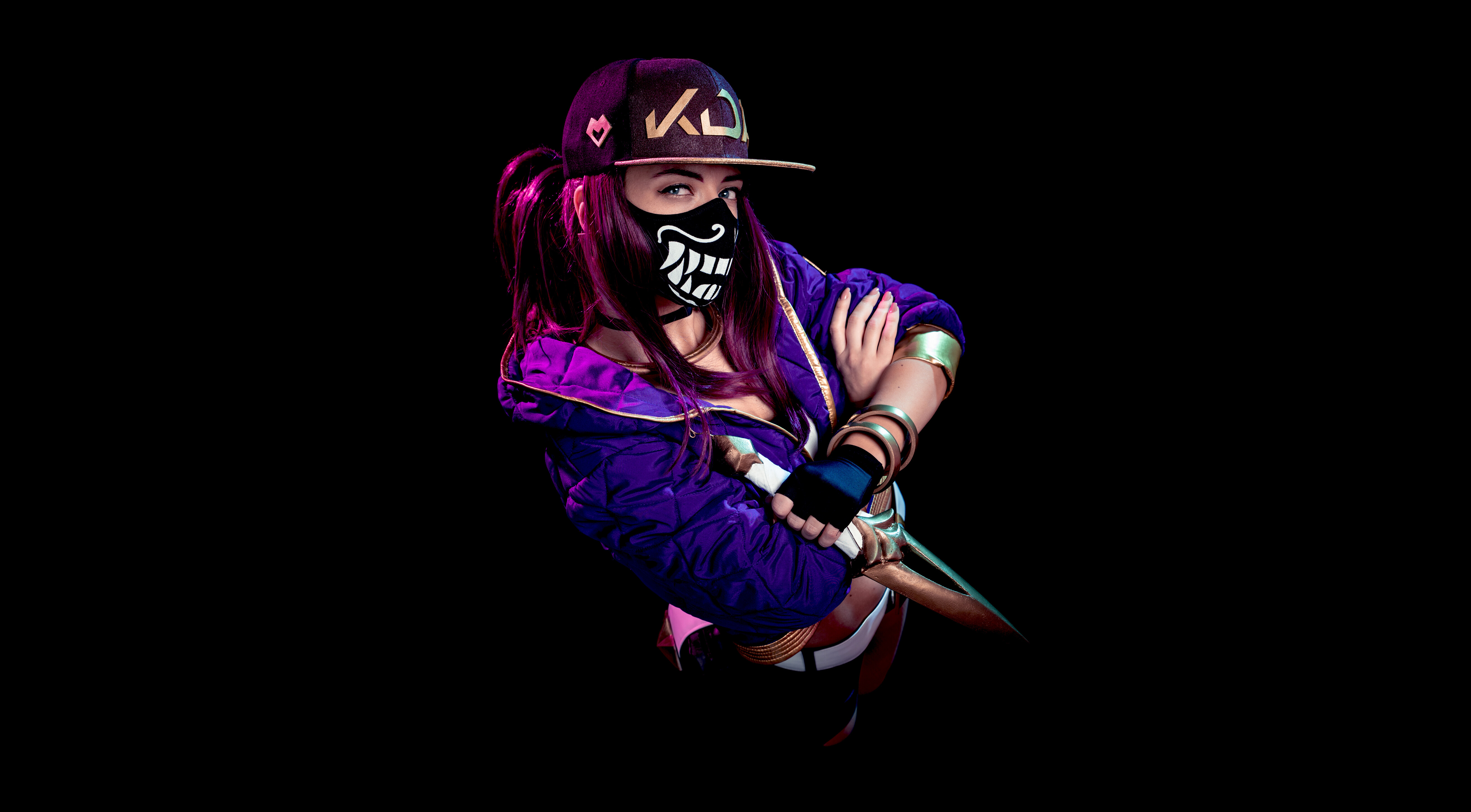 kda akali league of legends cosplay black background neon 5k 5256x2904 ...